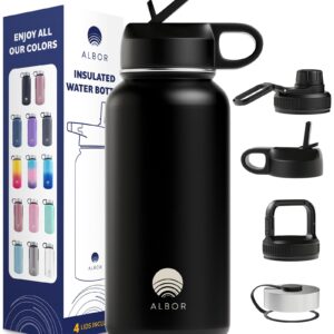 Albor 32 oz Insulated Water Bottle With Chug Lid and Straw, Plus Carry Lid for Travel, Leak Proof Stainless Steel Water Bottle for Gym and Travel (Black)