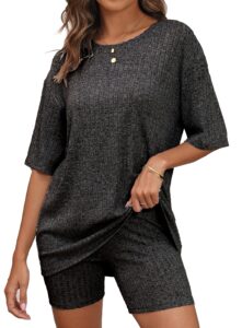 bekofo pajamas 2 piece lounge sets ribbed knit t-shirt biker shorts loungewear pjs black gray x-large