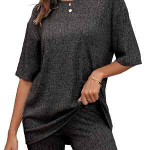 BEKOFO Pajamas 2 Piece Lounge Sets Ribbed Knit T-shirt Biker Shorts Loungewear Pjs Black Gray X-Large