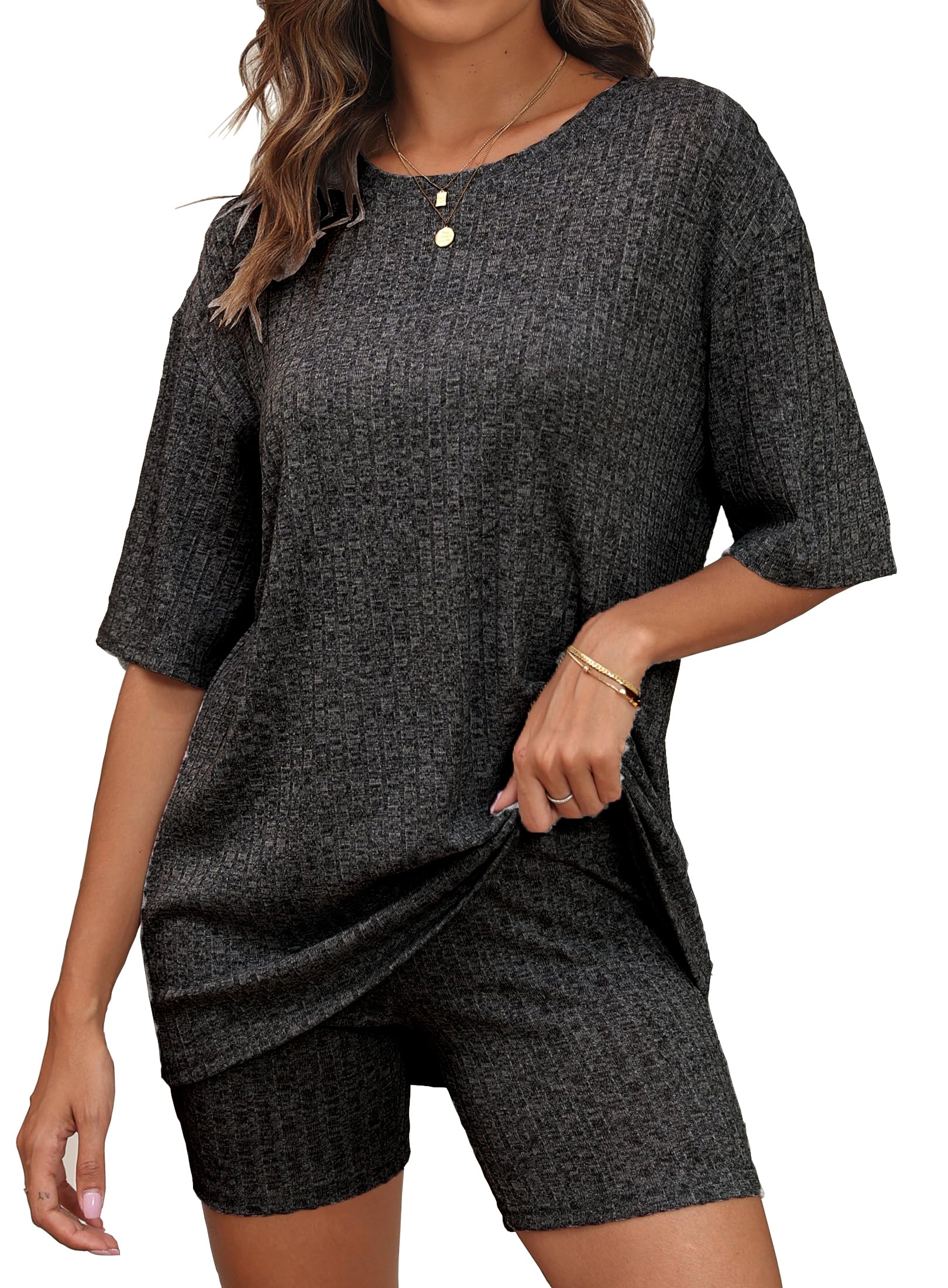 BEKOFO Pajamas 2 Piece Lounge Sets Ribbed Knit T-shirt Biker Shorts Loungewear Pjs Black Gray X-Large