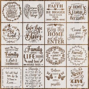 16 pieces inspirational word stencils kit motivational stencil reusable phrase word template family sign stencils for painting on wood, porch, front door, wall home decor(8x8inch)