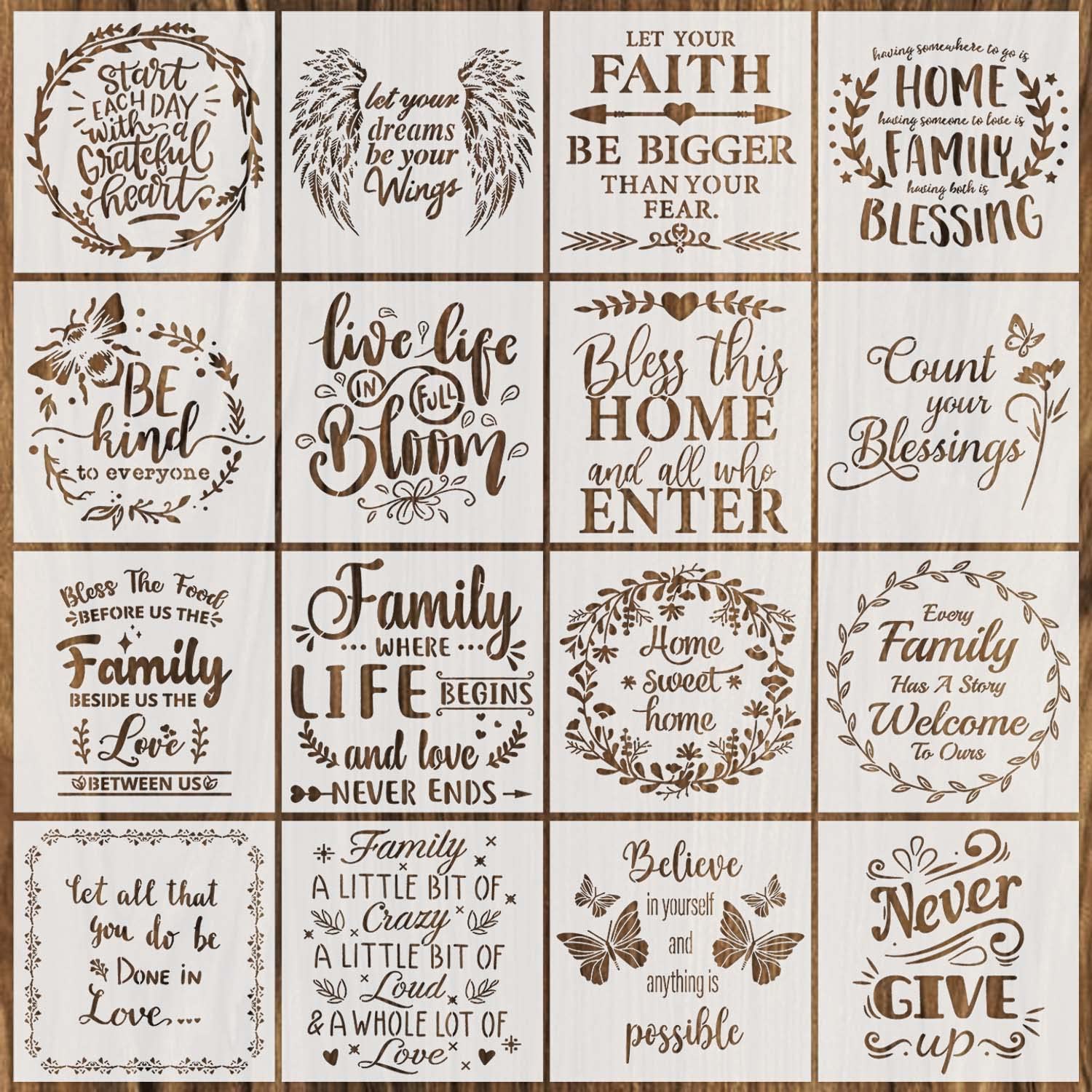 16 Pieces Inspirational Word Stencils Kit Motivational Stencil Reusable Phrase Word Template Family Sign Stencils for Painting on Wood, Porch, Front Door, Wall Home Decor(8x8Inch)