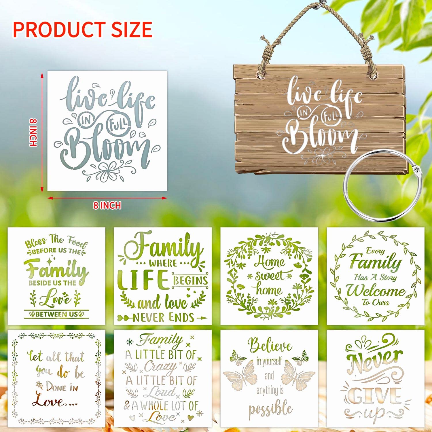 16 Pieces Inspirational Word Stencils Kit Motivational Stencil Reusable Phrase Word Template Family Sign Stencils for Painting on Wood, Porch, Front Door, Wall Home Decor(8x8Inch)