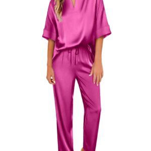 Ekouaer Satin Pajama Set Womens Silk Short Sleeve V Neck Shirt with Long Pant Soft Loungewear Pjs Set Plum