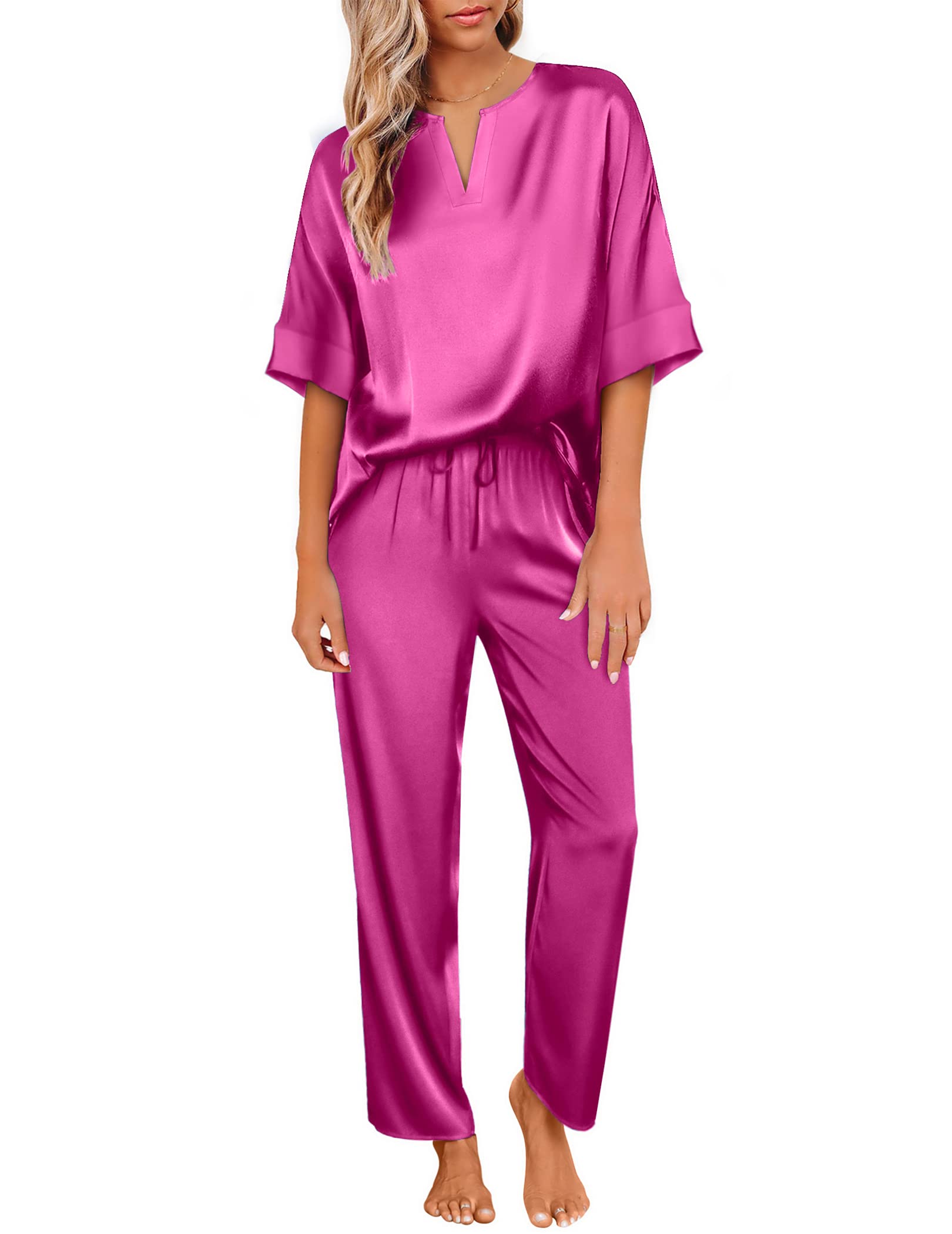 Ekouaer Satin Pajama Set Womens Silk Short Sleeve V Neck Shirt with Long Pant Soft Loungewear Pjs Set Plum