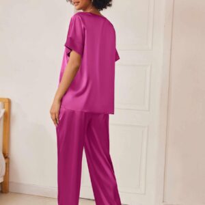 Ekouaer Satin Pajama Set Womens Silk Short Sleeve V Neck Shirt with Long Pant Soft Loungewear Pjs Set Plum