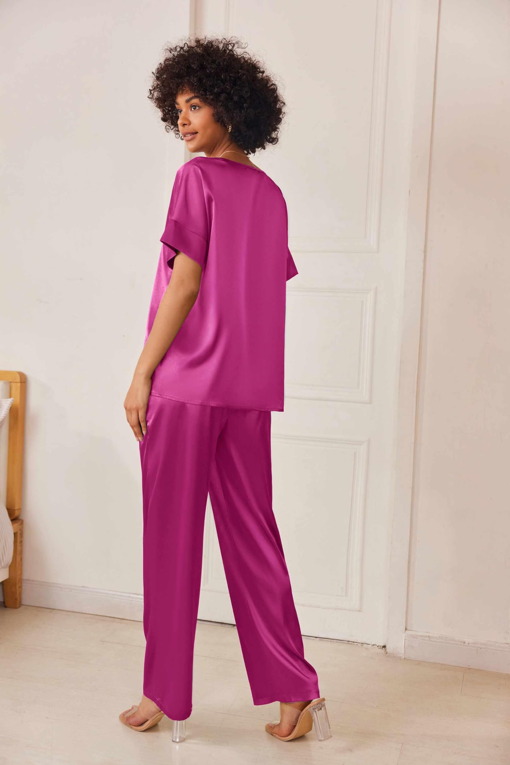 Ekouaer Satin Pajama Set Womens Silk Short Sleeve V Neck Shirt with Long Pant Soft Loungewear Pjs Set Plum