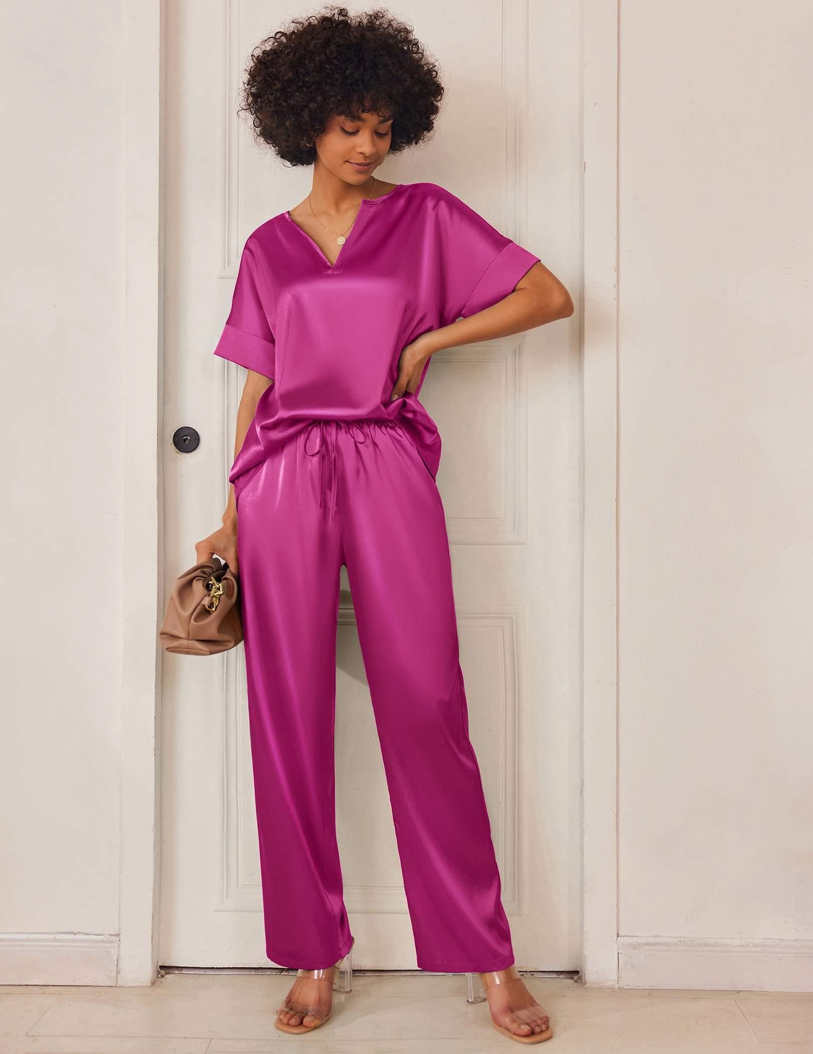 Ekouaer Satin Pajama Set Womens Silk Short Sleeve V Neck Shirt with Long Pant Soft Loungewear Pjs Set Plum