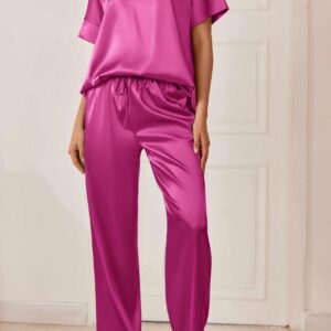 Ekouaer Satin Pajama Set Womens Silk Short Sleeve V Neck Shirt with Long Pant Soft Loungewear Pjs Set Plum