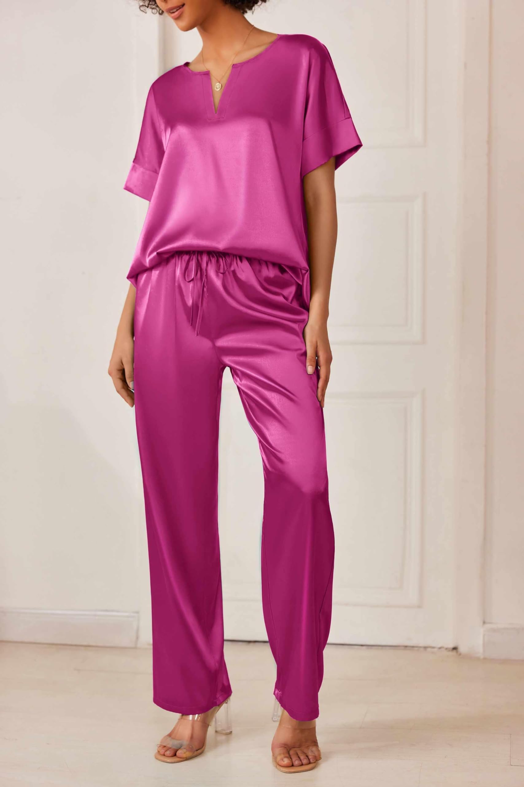 Ekouaer Satin Pajama Set Womens Silk Short Sleeve V Neck Shirt with Long Pant Soft Loungewear Pjs Set Plum