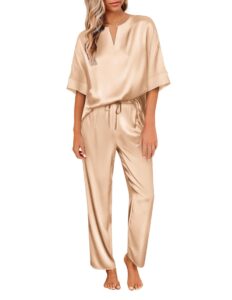 ekouaer satin pajama set womens silk short sleeve v neck shirt with long pant soft loungewear pjs set khaki