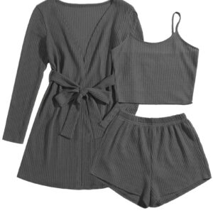 Ekouaer Womens 3 Piece Waffle Knit Lounge Set Soft Pajama Sets Tank Top and Shorts Cardigan with Pockets (Grey, XL)