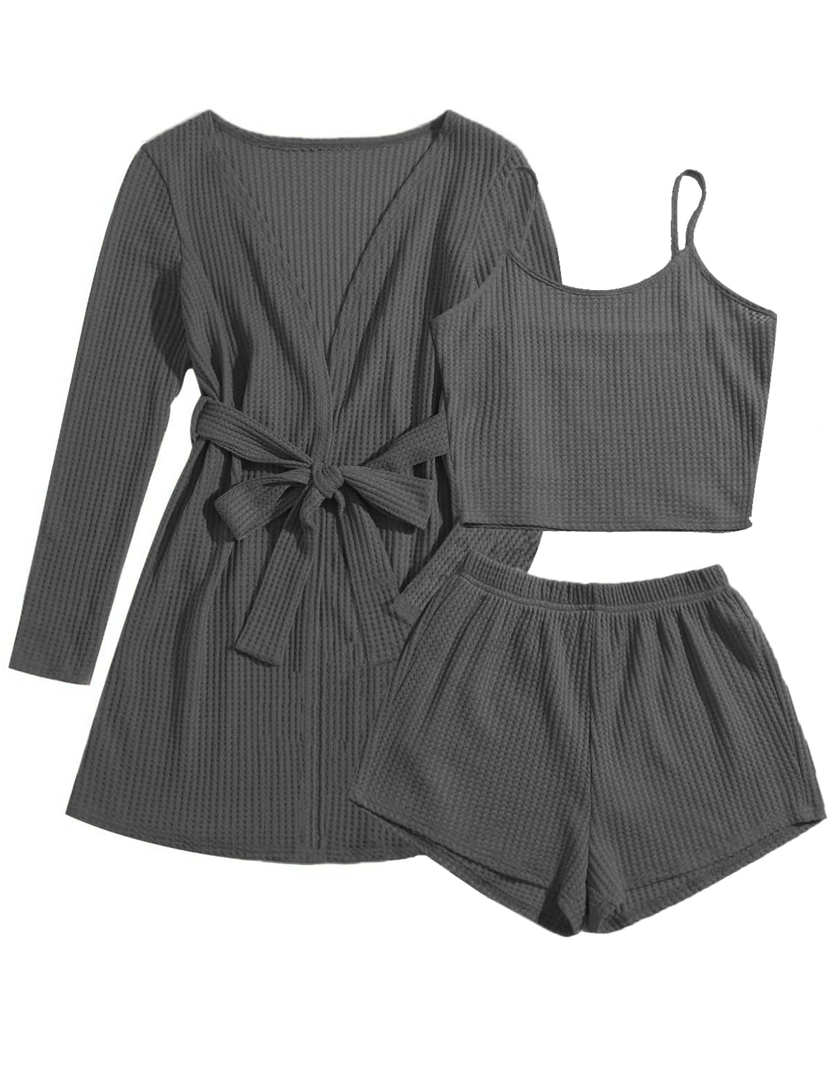 Ekouaer Womens 3 Piece Waffle Knit Lounge Set Soft Pajama Sets Tank Top and Shorts Cardigan with Pockets (Grey, XL)