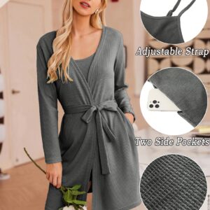 Ekouaer Womens 3 Piece Waffle Knit Lounge Set Soft Pajama Sets Tank Top and Shorts Cardigan with Pockets (Grey, XL)