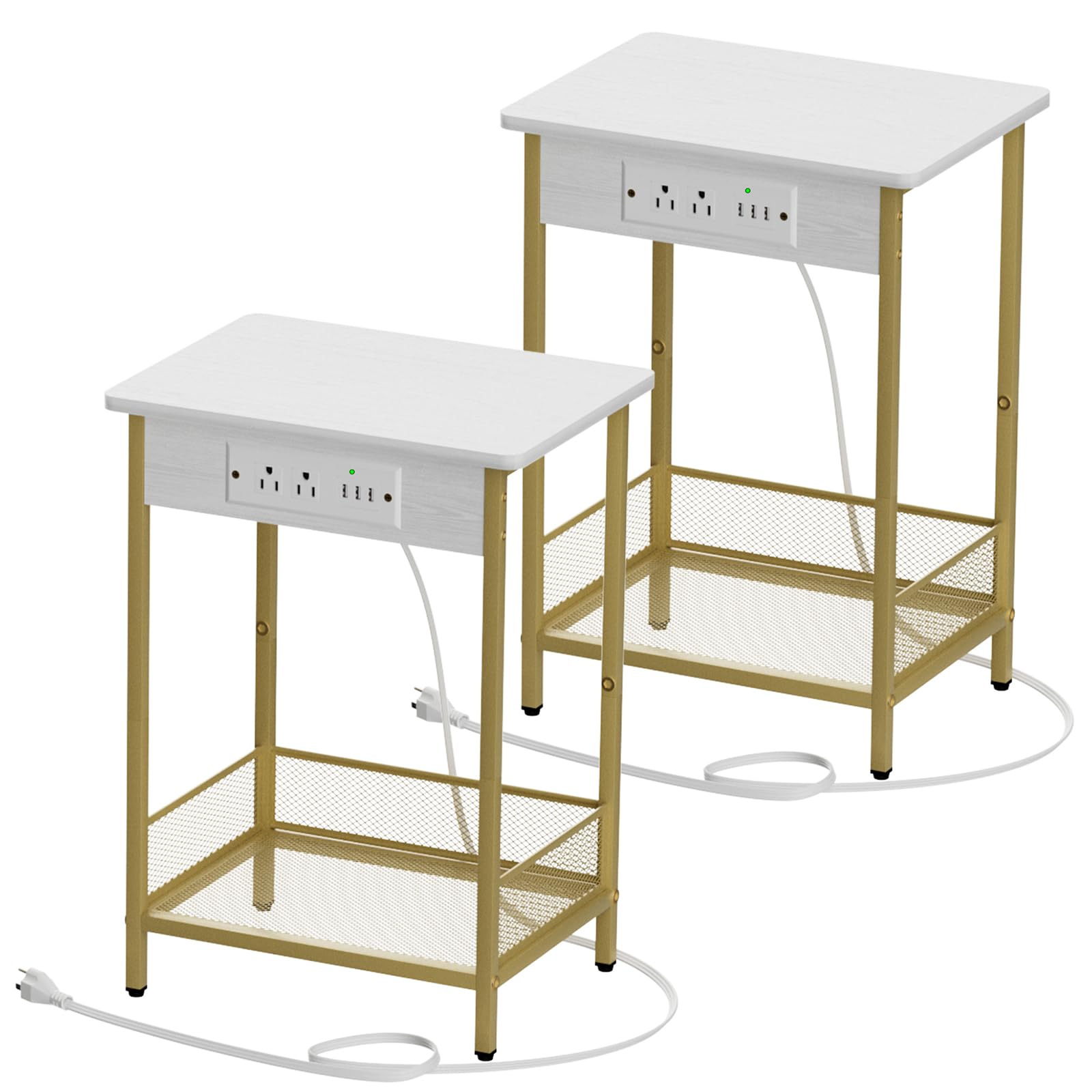 Yenlure Side Table Night Stands End Table with Charging Station Narrow Side Table Living Room Bedroom Small Side Table for Small Spaces White Set of 2