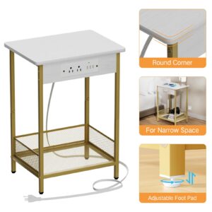 Yenlure Side Table Night Stands End Table with Charging Station Narrow Side Table Living Room Bedroom Small Side Table for Small Spaces White Set of 2