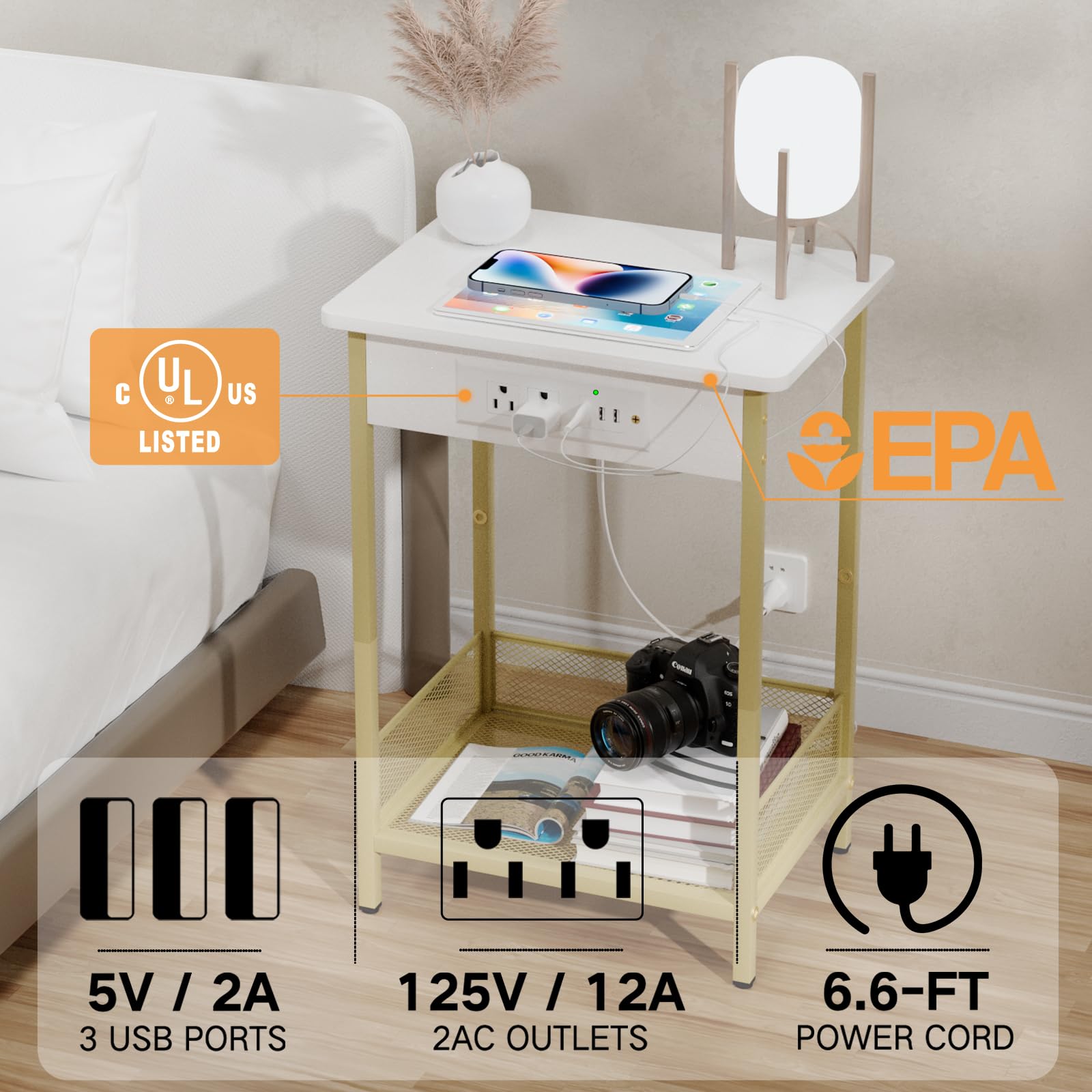 Yenlure Side Table Night Stands End Table with Charging Station Narrow Side Table Living Room Bedroom Small Side Table for Small Spaces White Set of 2