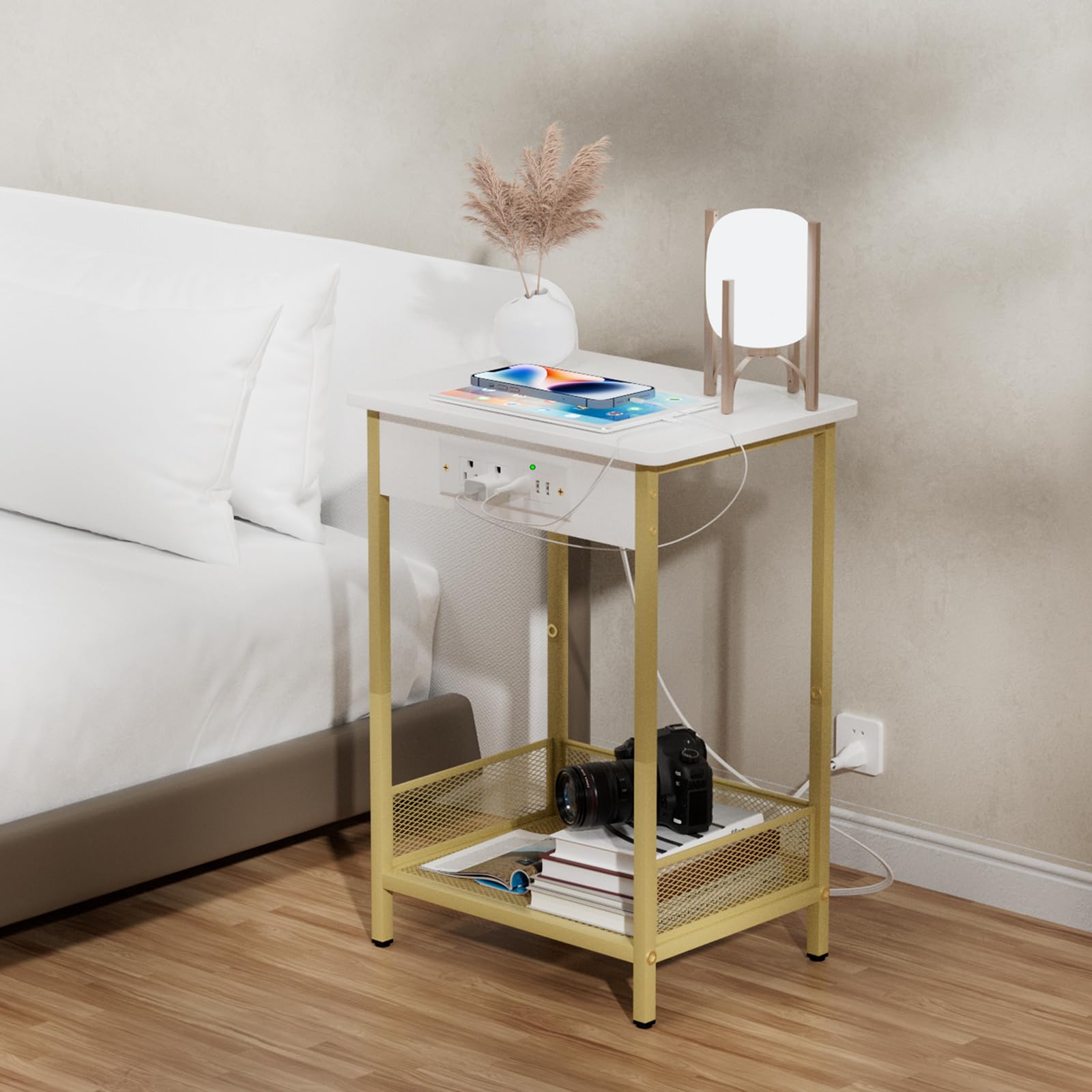 Yenlure Side Table Night Stands End Table with Charging Station Narrow Side Table Living Room Bedroom Small Side Table for Small Spaces White Set of 2