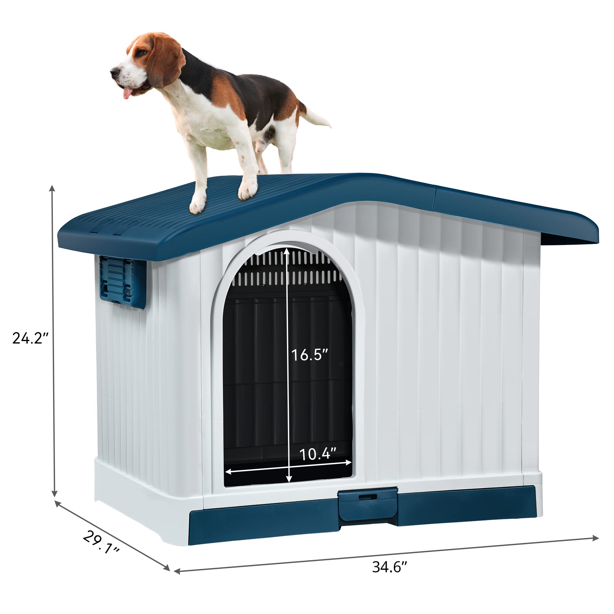 YITAHOME 34.6'' Large Plastic Dog House with Liftable Roof, Indoor Outdoor Doghouse Puppy Shelter with Detachable base and Adjustable Bar Window Water Resistant Easy Assembly (34.6''L*29.1''W*24.2''H)