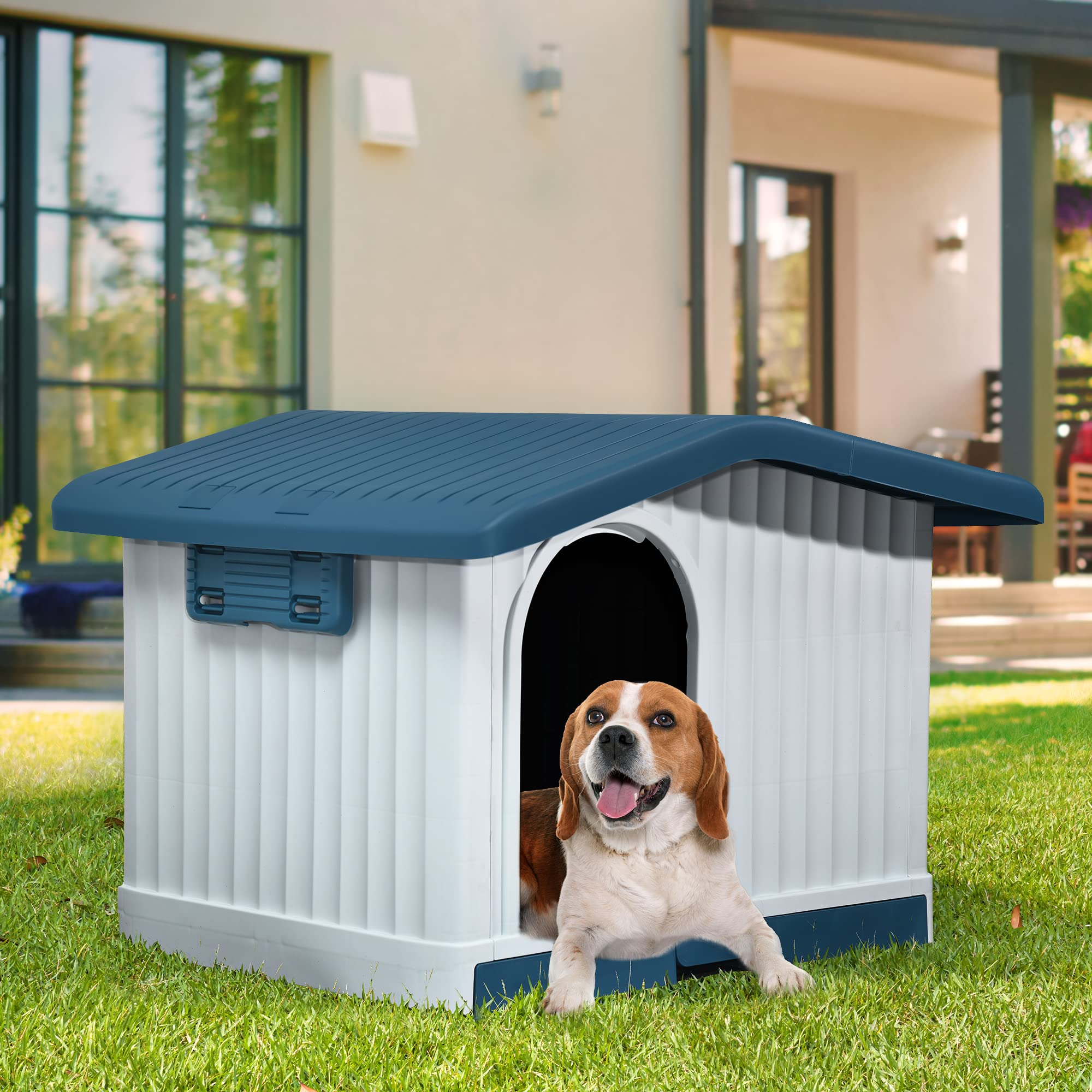 YITAHOME 34.6'' Large Plastic Dog House with Liftable Roof, Indoor Outdoor Doghouse Puppy Shelter with Detachable base and Adjustable Bar Window Water Resistant Easy Assembly (34.6''L*29.1''W*24.2''H)