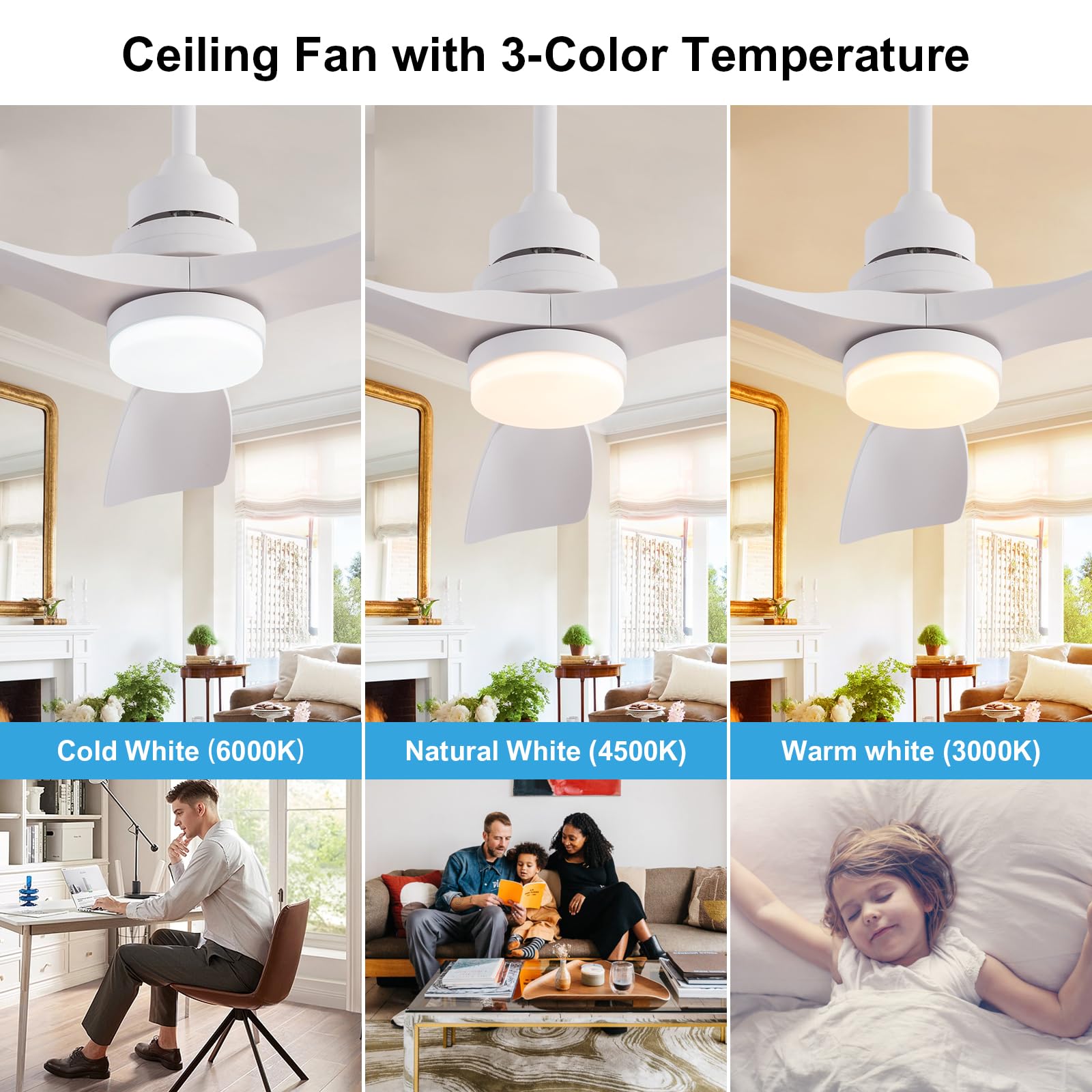 OMYU 42 Inch Ceiling Fans with Lights, ABS Blades, Noiseless Reversible DC Motor, 6 Speeds and 3 Color Temperatures, White Ceiling Fan with Remote Control for Bedroom Living Room Office