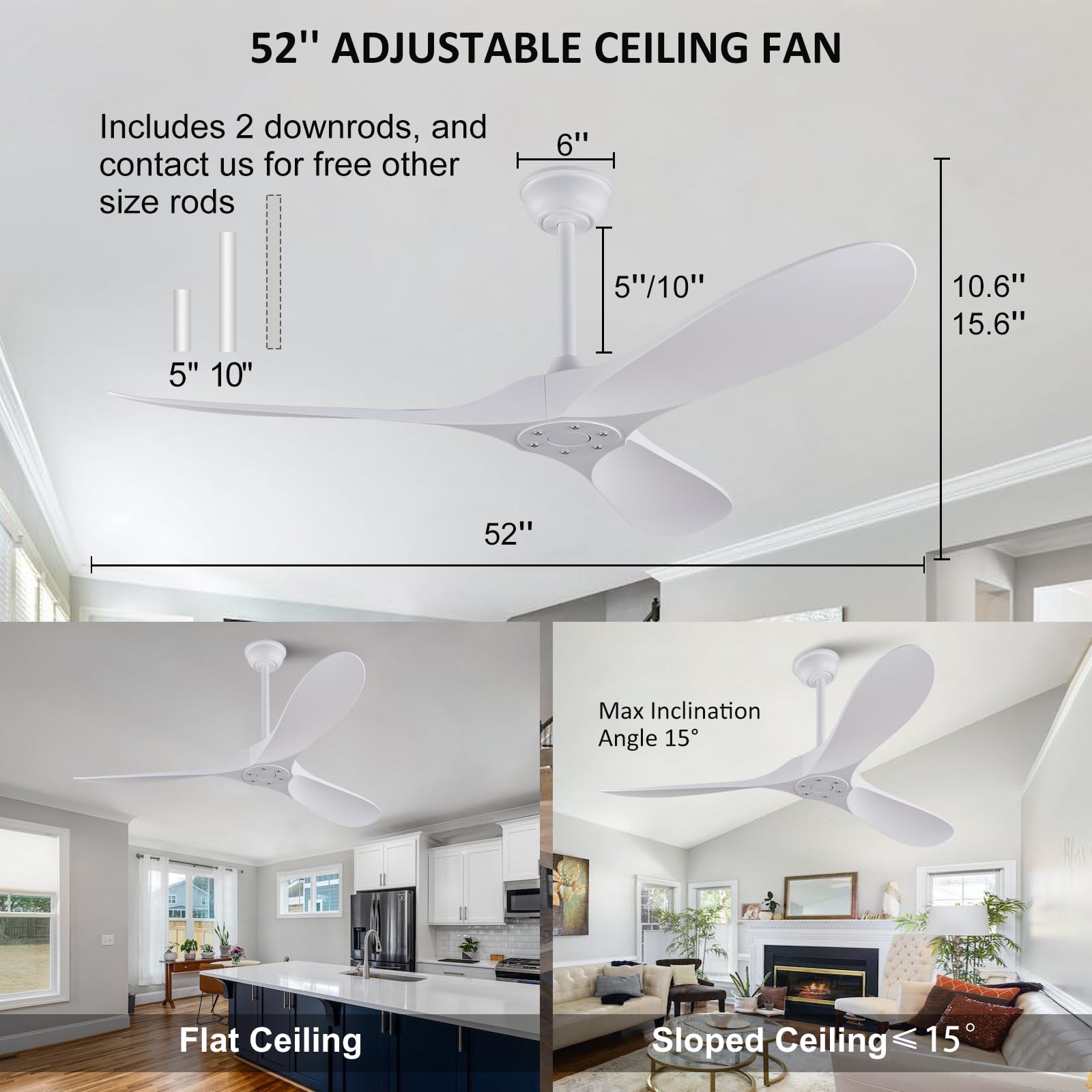 OMYU 42 Inch Ceiling Fans with Lights, ABS Blades, Noiseless Reversible DC Motor, 6 Speeds and 3 Color Temperatures, White Ceiling Fan with Remote Control for Bedroom Living Room Office