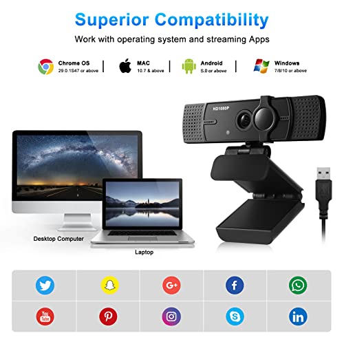 Webcam with Microphone, No Distortion Privacy Cover 1080P USB Camera Plug Play Mic Full Ultra HD Web Camera Video Cam Calling Conferencing Streaming for PC/Desktop/Computer/Mac/Laptop/MacBook