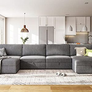 HONBAY Reversible Modular Sectional Couch U Shaped Modular Sofa with Wide Chaise Oversized Modular Sectional Sofa with Storage Seat, 149'', Light Grey