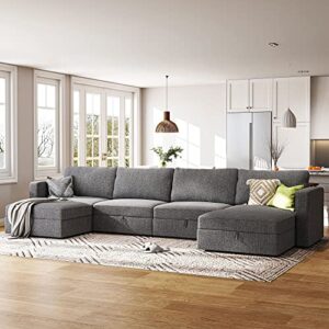 HONBAY Reversible Modular Sectional Couch U Shaped Modular Sofa with Wide Chaise Oversized Modular Sectional Sofa with Storage Seat, 149'', Light Grey