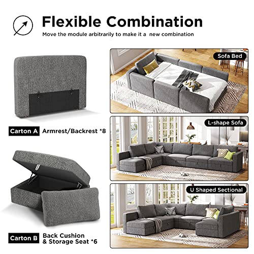 HONBAY Reversible Modular Sectional Couch U Shaped Modular Sofa with Wide Chaise Oversized Modular Sectional Sofa with Storage Seat, 149'', Light Grey