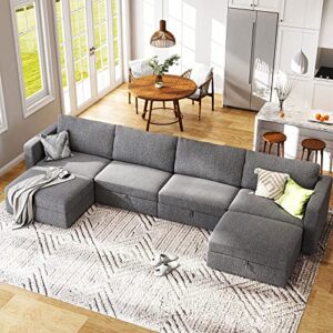 HONBAY Reversible Modular Sectional Couch U Shaped Modular Sofa with Wide Chaise Oversized Modular Sectional Sofa with Storage Seat, 149'', Light Grey