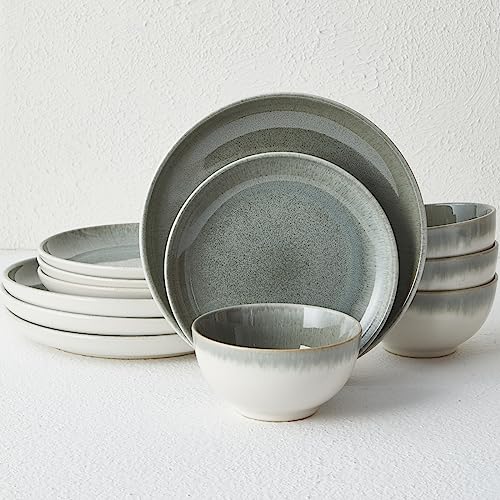 Pokini Gradient Green Stoneware Dinnerware Set, 12pcs Reactive Glaze Plates and Bowls Sets, Handmade Round Dishes Set for 4,Highly Chip and Crack Resistant Modern Plate Set