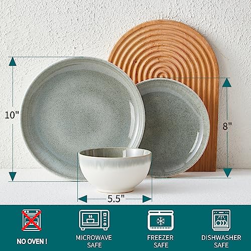 Pokini Gradient Green Stoneware Dinnerware Set, 12pcs Reactive Glaze Plates and Bowls Sets, Handmade Round Dishes Set for 4,Highly Chip and Crack Resistant Modern Plate Set