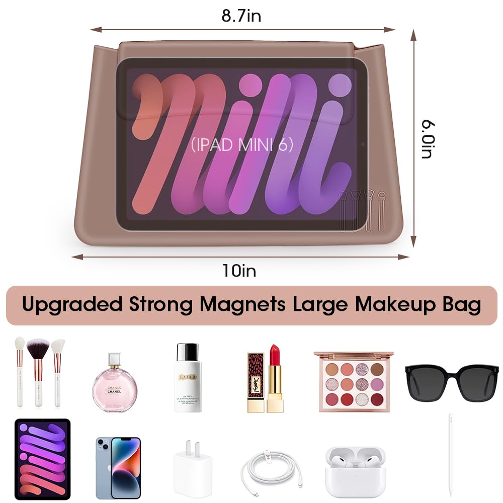 Silicone Makeup Bag Travel, Magnetic Large Toiletry Bag for Women Premium Travel Easy Carry Cosmetic Bags Soft for Makeup, Beauty Tools, Brushes Silicone Makeup Organizer Bag Holder Cute Set-Khaki