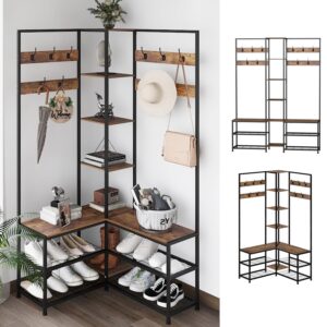 giftgo corner hall tree with shoe rack storage bench display open shelves modern industrial entryway coat rack stand for home living room mudroom bedroom multifunctional 5 in 1 (rustic brown)