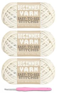 3x50g beginners ivory white yarn, 260 yards ivory white yarn for crocheting knitting, easy-to-see stitches, worsted medium #4, chunky thick cotton nylon blend yarn yarn for crocheting