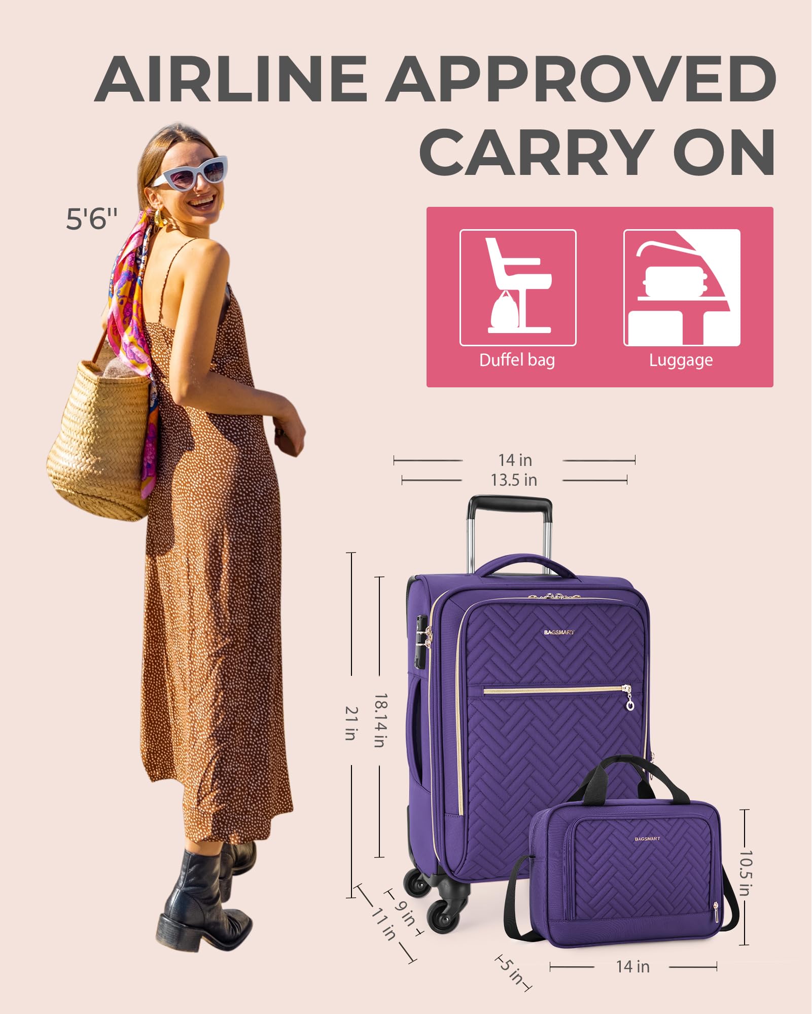 BAGSMART Carry On Luggage 20 Inch, Expandable Suitcase, Luggage with Duffel Airline Approved Rolling Softside Lightweight Suitcases with Front Pocket for Women Men, Carry-On Purple