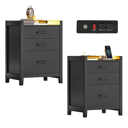 EPHEX Nightstands Set of 2, LED Nightstand with Charging Station, End Side Table with 3 Drawers, Modern Night Stand Bedside Table for Bedroom, Black, NSL03