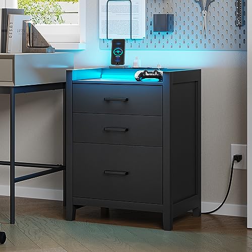 EPHEX Nightstands Set of 2, LED Nightstand with Charging Station, End Side Table with 3 Drawers, Modern Night Stand Bedside Table for Bedroom, Black, NSL03