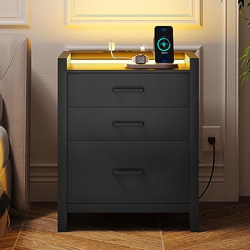 EPHEX Nightstands Set of 2, LED Nightstand with Charging Station, End Side Table with 3 Drawers, Modern Night Stand Bedside Table for Bedroom, Black, NSL03