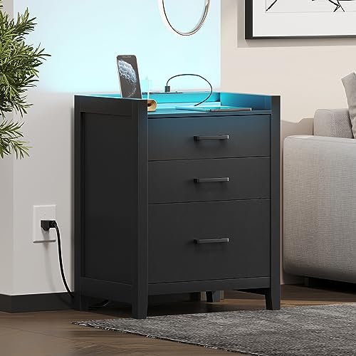 EPHEX Nightstands Set of 2, LED Nightstand with Charging Station, End Side Table with 3 Drawers, Modern Night Stand Bedside Table for Bedroom, Black, NSL03