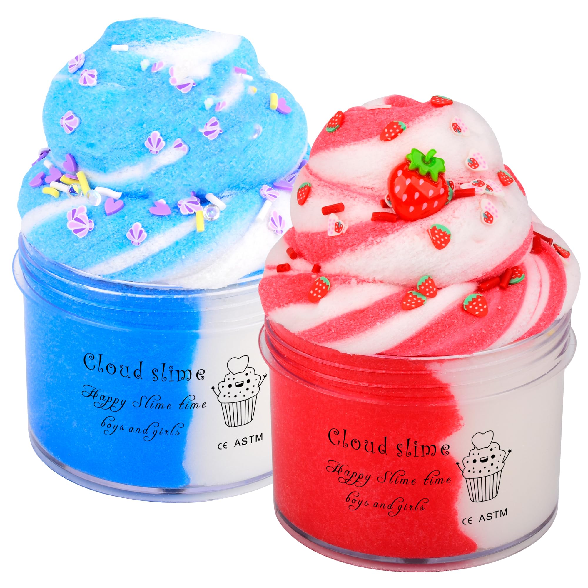 2 Pack Cloud Slime Kit with Blue Slime and Strawberry Slime Charms, Scented DIY Slime Supplies for Girls and Boys, Stress Relief Toy for Kids Education, Party Favor, Gift and Birthday