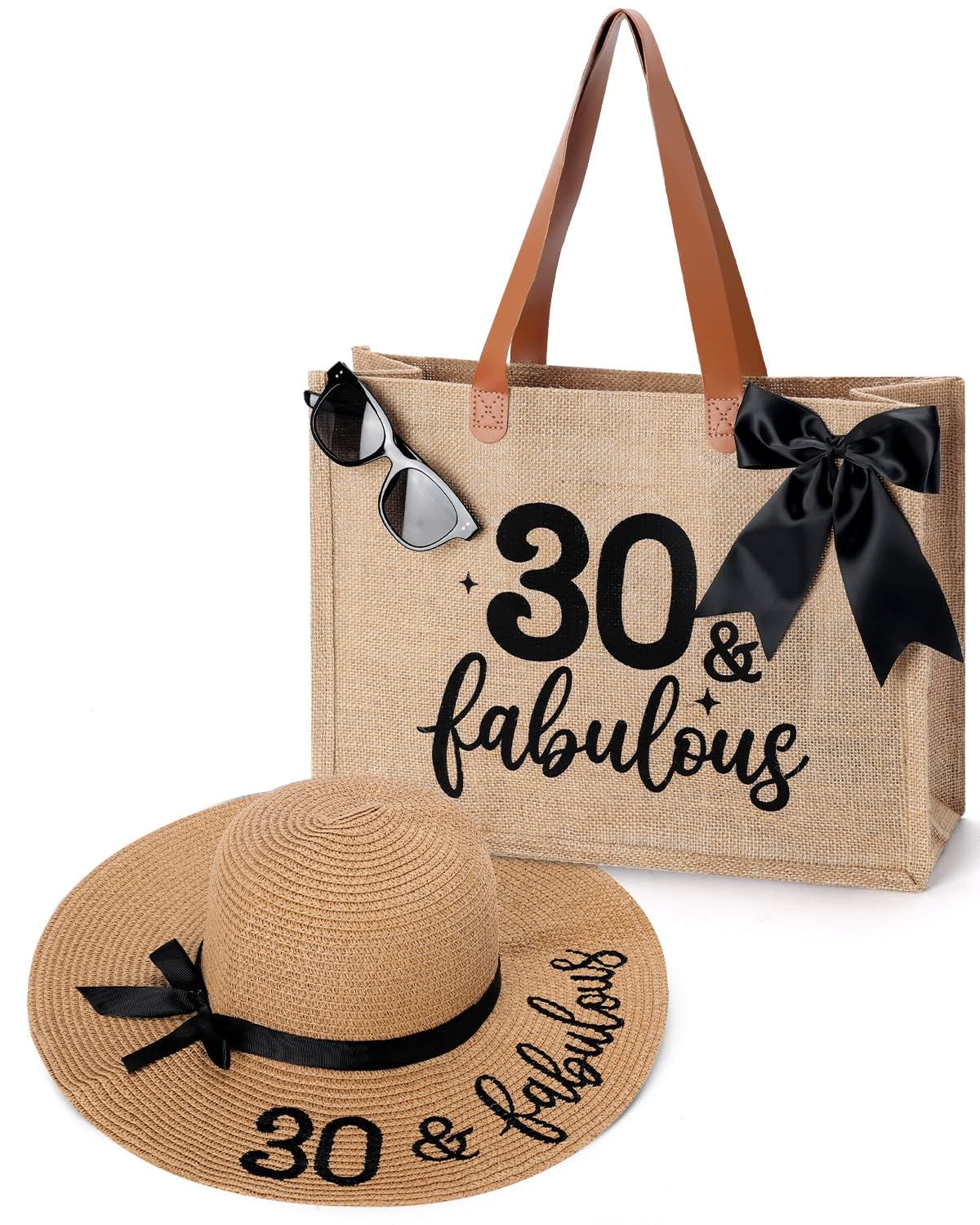 Percozzi 30th Birthday Gifts Her Tote Bag 30 & fabulous Hat and Glasses Summer Beach Party Vacation Supplies Straw Sun Black Decorations Set of 3