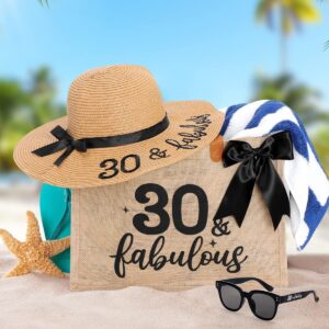 Percozzi 30th Birthday Gifts Her Tote Bag 30 & fabulous Hat and Glasses Summer Beach Party Vacation Supplies Straw Sun Black Decorations Set of 3