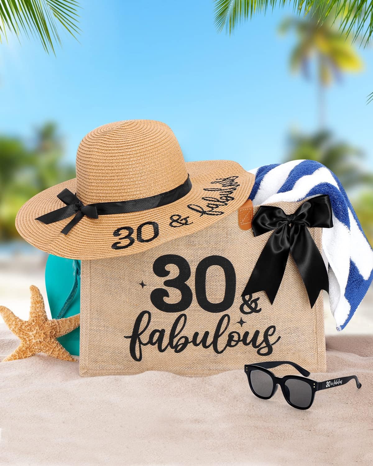 Percozzi 30th Birthday Gifts Her Tote Bag 30 & fabulous Hat and Glasses Summer Beach Party Vacation Supplies Straw Sun Black Decorations Set of 3