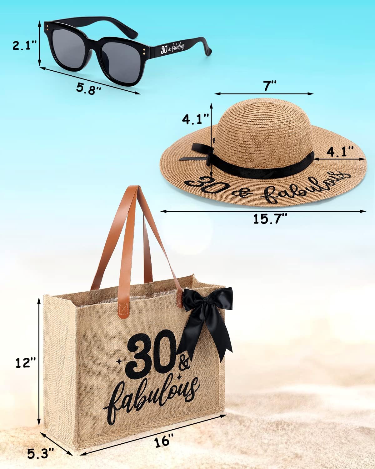 Percozzi 30th Birthday Gifts Her Tote Bag 30 & fabulous Hat and Glasses Summer Beach Party Vacation Supplies Straw Sun Black Decorations Set of 3