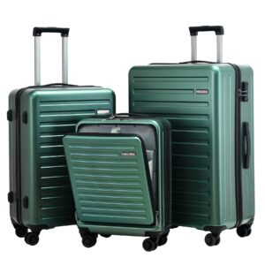 3pcs (20/24/28) luggage set, hardshell lightweight, only 20" with front pocket, 21.65*15.35*7.87" fits overhead cabin, 24" (26*17.7*10.2") and 28" (19.68*11.81*29.92") checked luggage, green