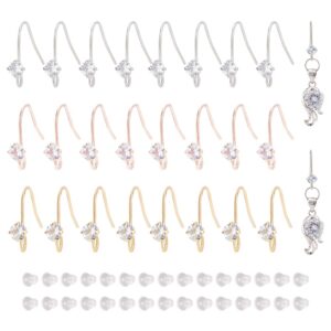 benecreat 24pcs 3 colors cubic zirconia earring hooks rhinestone earring hooks, brass ear wire fish hooks with loop for diy jewelry making findings, hole: 2mm