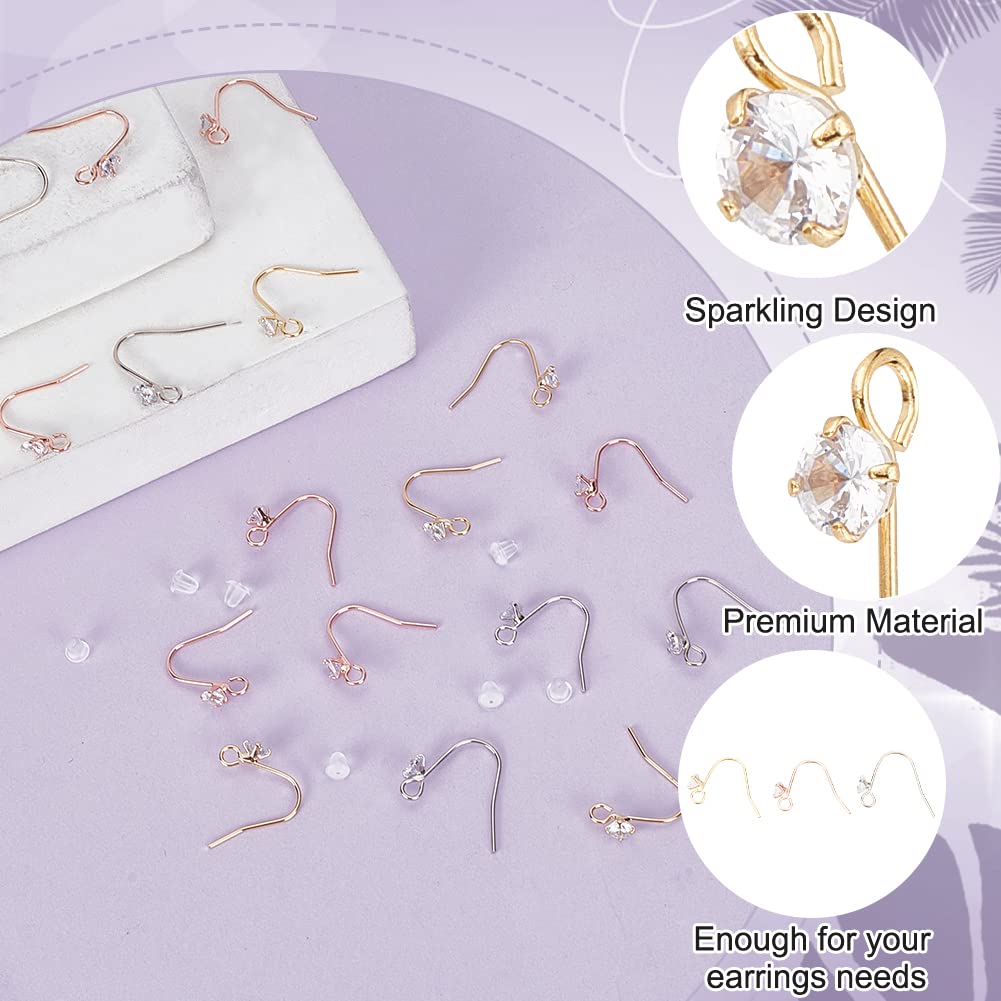 BENECREAT 24Pcs 3 Colors Cubic Zirconia Earring Hooks Rhinestone Earring Hooks, Brass Ear Wire Fish Hooks with Loop for DIY Jewelry Making Findings, Hole: 2mm