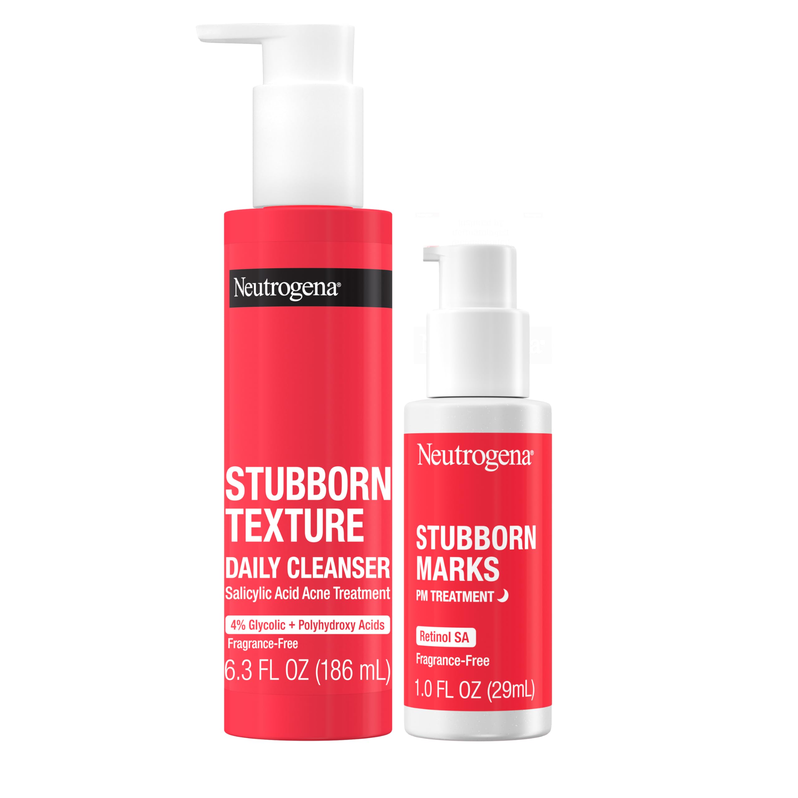 Neutrogena Stubborn Texture Daily Acne Facial Cleanser with Salicylic Acid, 6.3 fl. oz, & Neutrogena Stubborn Marks PM Treatment with Retinol, 1.0 fl. oz, Fragrance Free Skincare, 2 Items